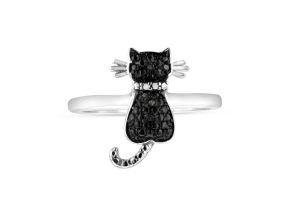 Black Diamond Cat Ring In Solid Sterling Silver 8232