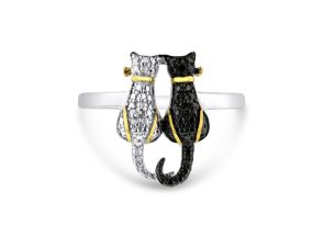 Two Tone Black Diamond Cat Ring Crafted In Solid Sterling Silver ...