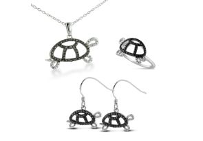 Black Diamond Turtle Ensemble Crafted In Solid Sterling Silver, Ring ...