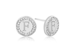 "F" Initial Diamond Stud Earrings In Sterling Silver | SuperJeweler