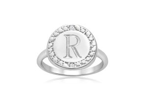 "R" Initial Diamond Ring In Sterling Silver | SuperJeweler