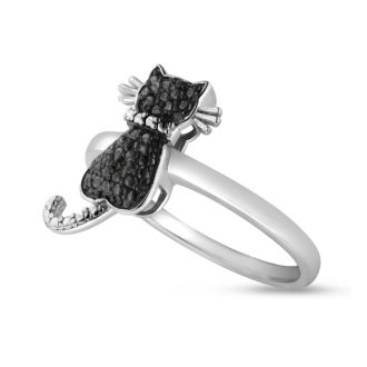 Black Diamond Cat Ring In Solid Sterling Silver